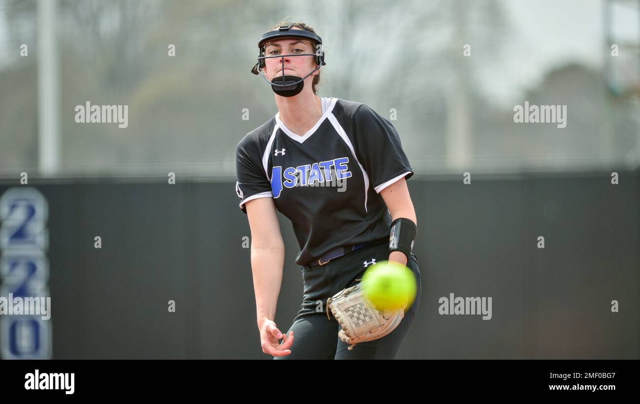 Indiana State's Gabbi Schnaiter pitches during an NCAA softball game ...