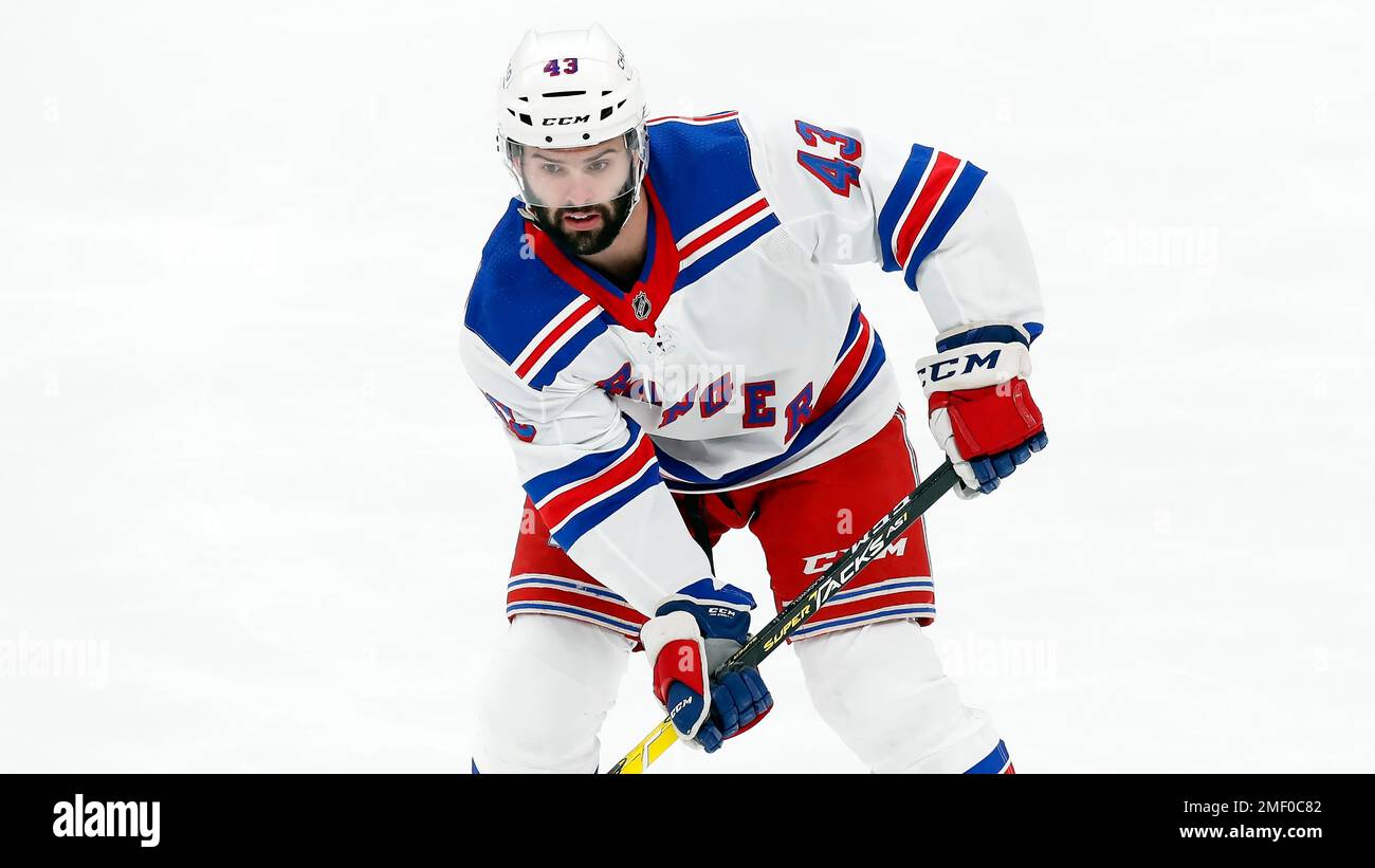 New York Rangers' Colin Blackwell warms up before an NHL hockey game ...