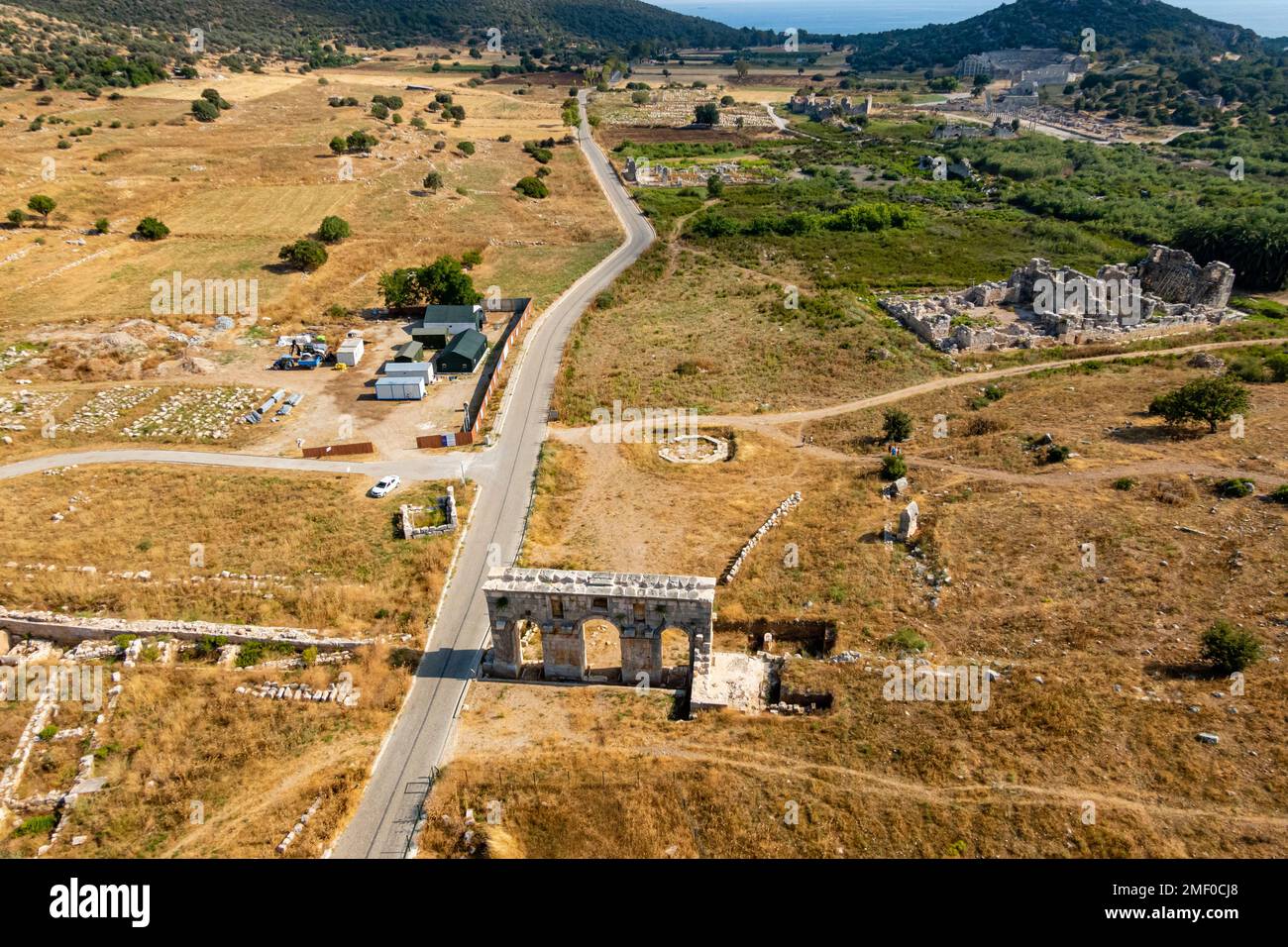 Aerial view of historical ruins in ancient Lycian city of Patara ...