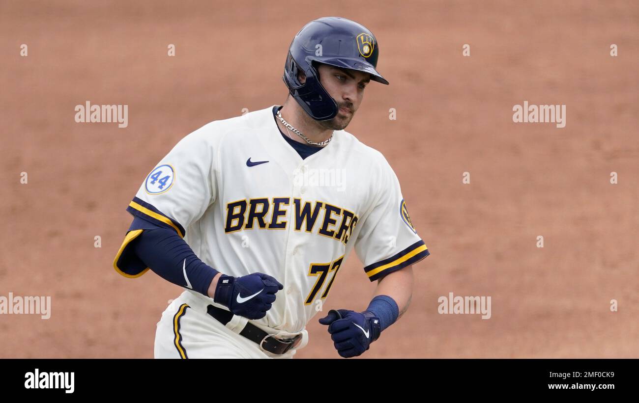 Milwaukee Brewers' Garrett Mitchell runs the bases after hitting a home ...