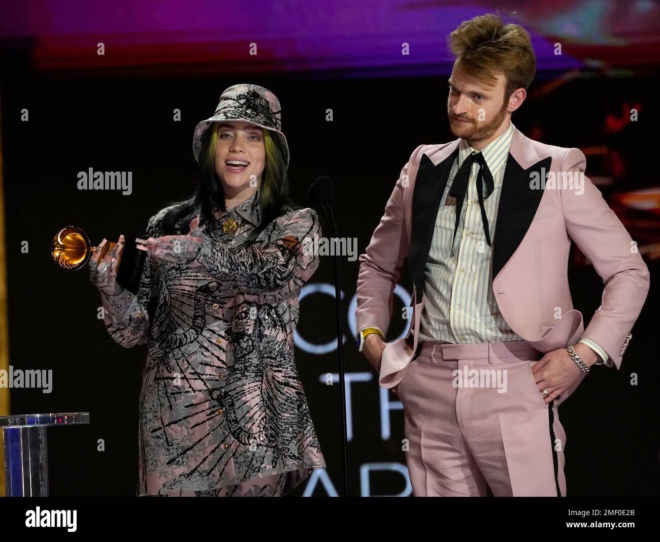 Billie Eilish, left, and Finneas accept the award for record of the ... Billie Eilish, left, and Finneas accept the award for record of the ...