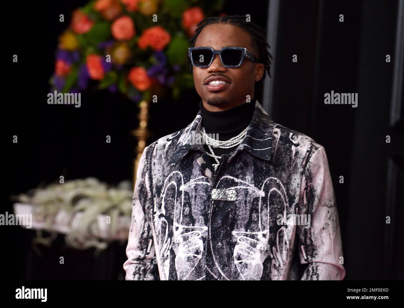 Roddy Ricch poses in the press room at the 63rd annual Grammy Awards at ...