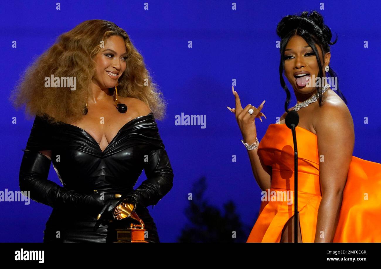 Beyonce, left, and Megan Thee Stallion accept the award for best rap ...