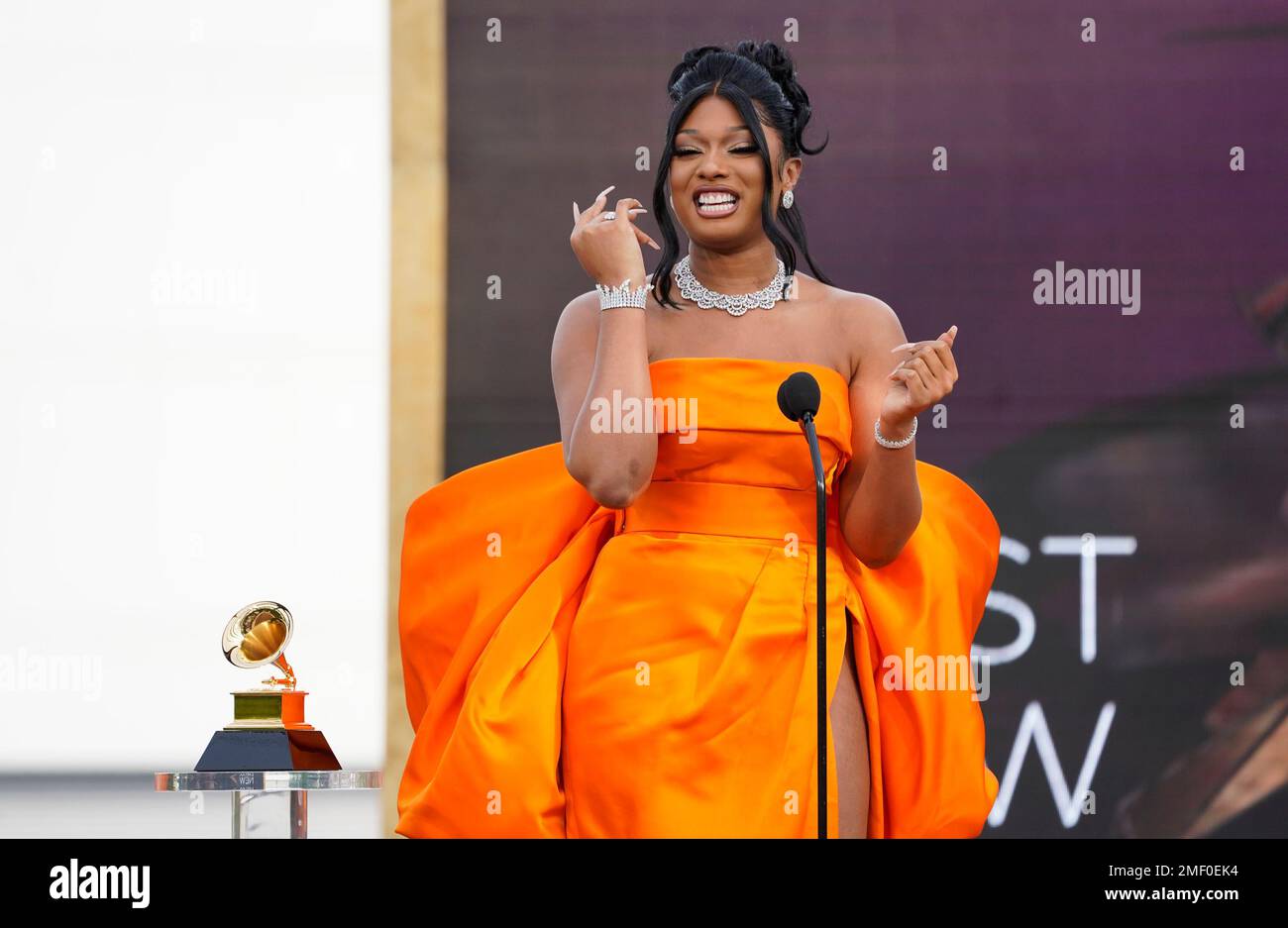 Megan Thee Stallion accepts the award for best new artist at the 63rd ...