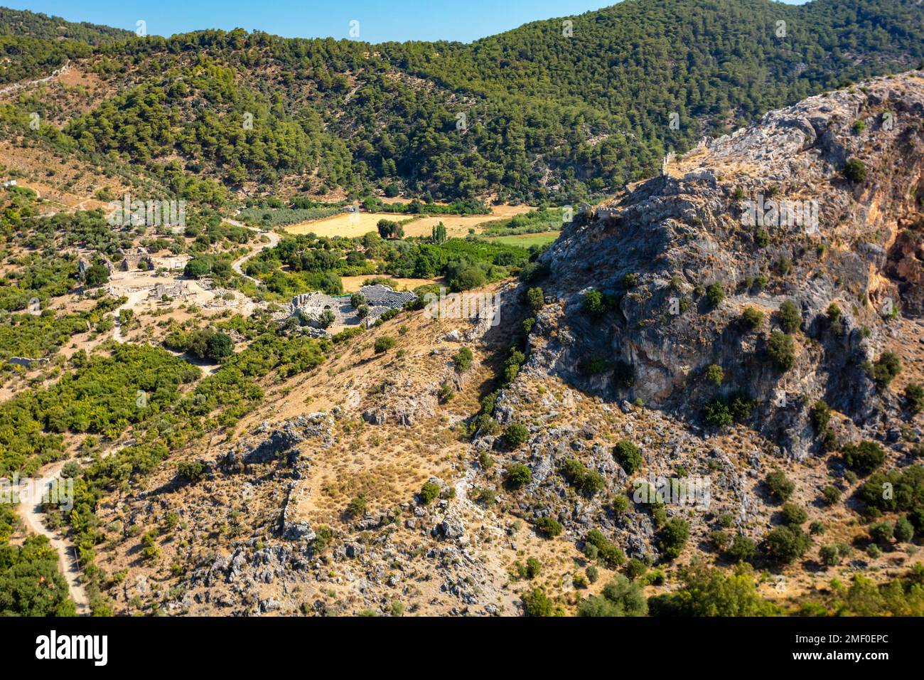 Aerial view of ancient Carian city of Kaunos in Dalyan, Turkey Stock ...