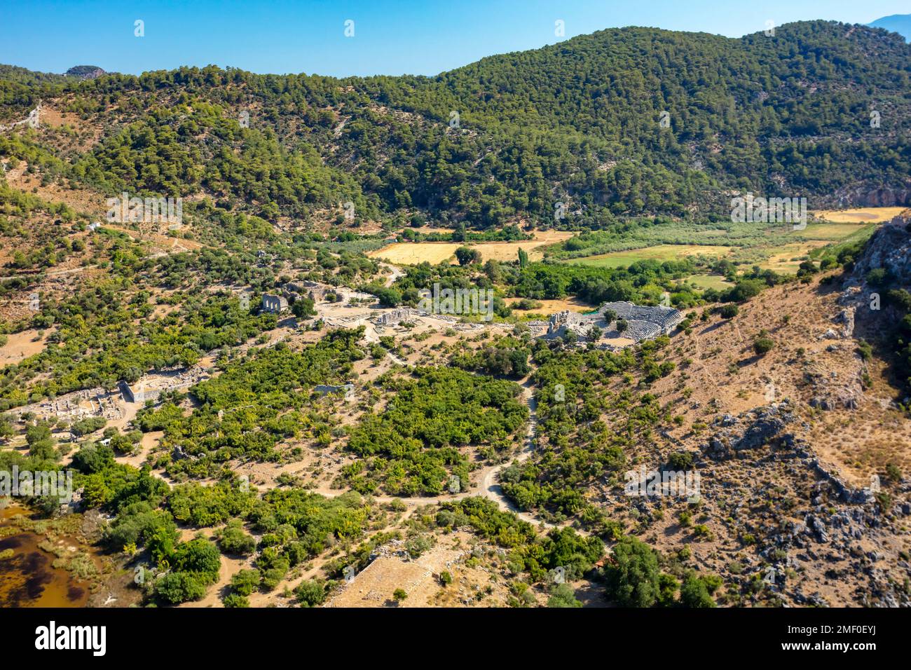 Aerial view of ancient Carian city of Kaunos in Dalyan, Turkey Stock ...