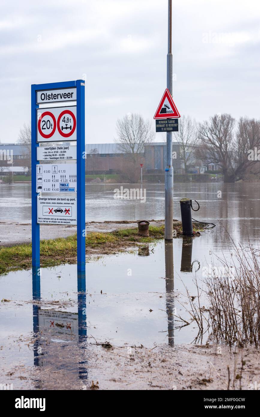 Olst Wijhe, The Netherlands - January 21, 2023: Name sign and ferry ...