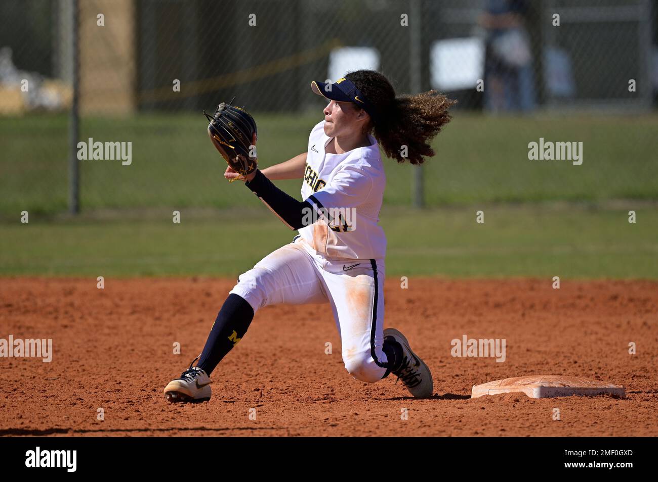 Michigan infielder Natalia Rodriguez (21) waits for a throw from the ...