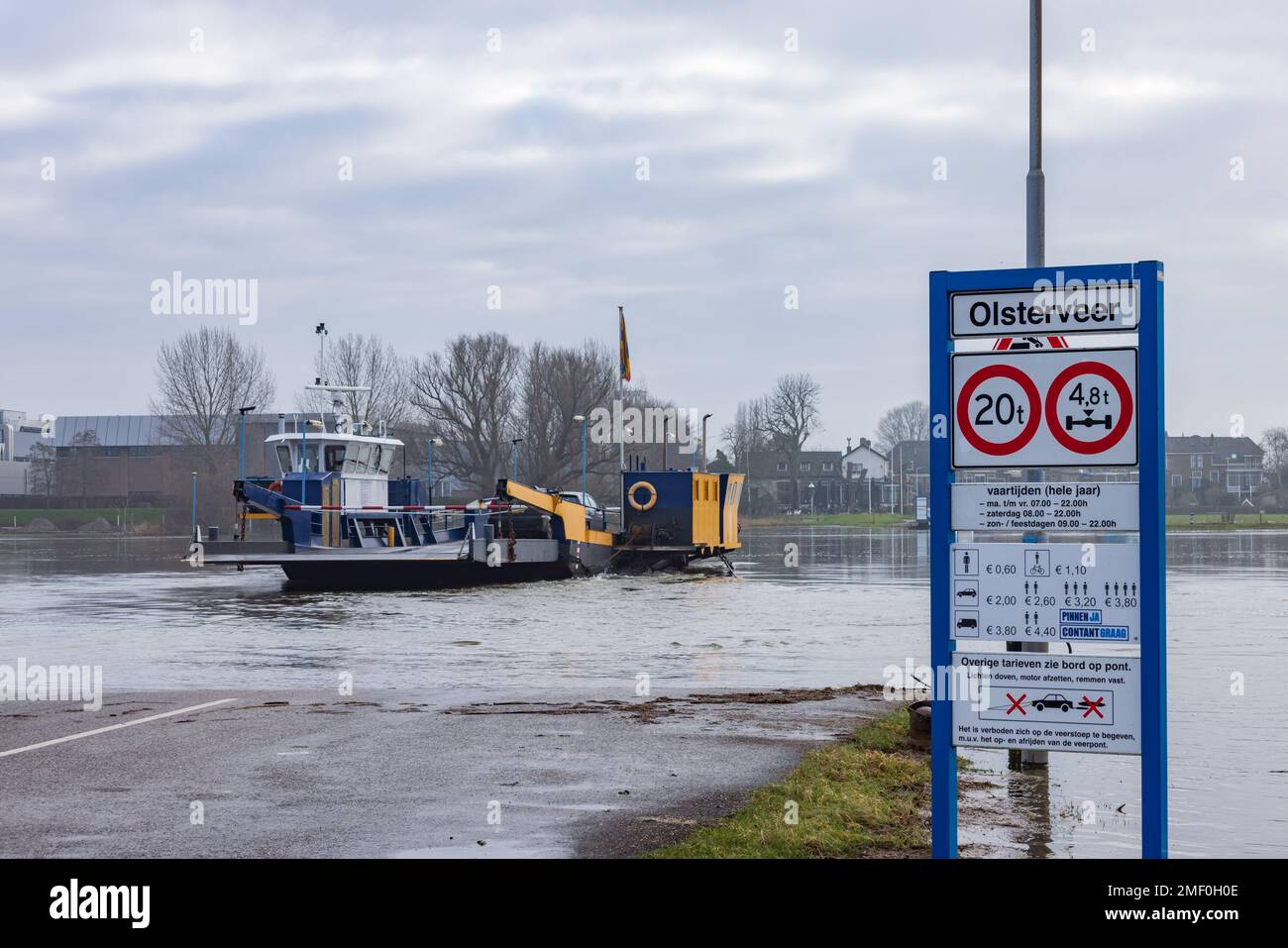 Olst Wijhe, The Netherlands - January 21, 2023: Name sign and ferry ...