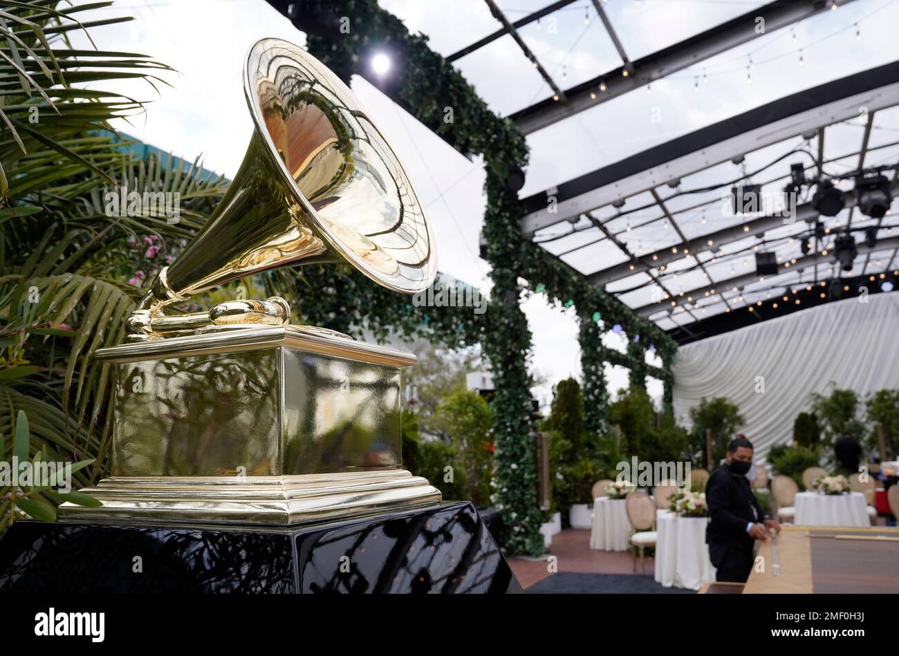 A decorative grammy is seen before the start of the 63rd annual Grammy ...