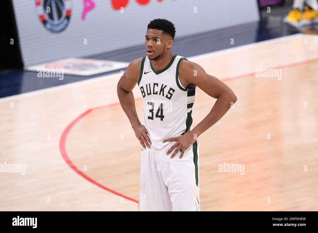 Milwaukee Bucks forward Giannis Antetokounmpo (34) stands on the court ...