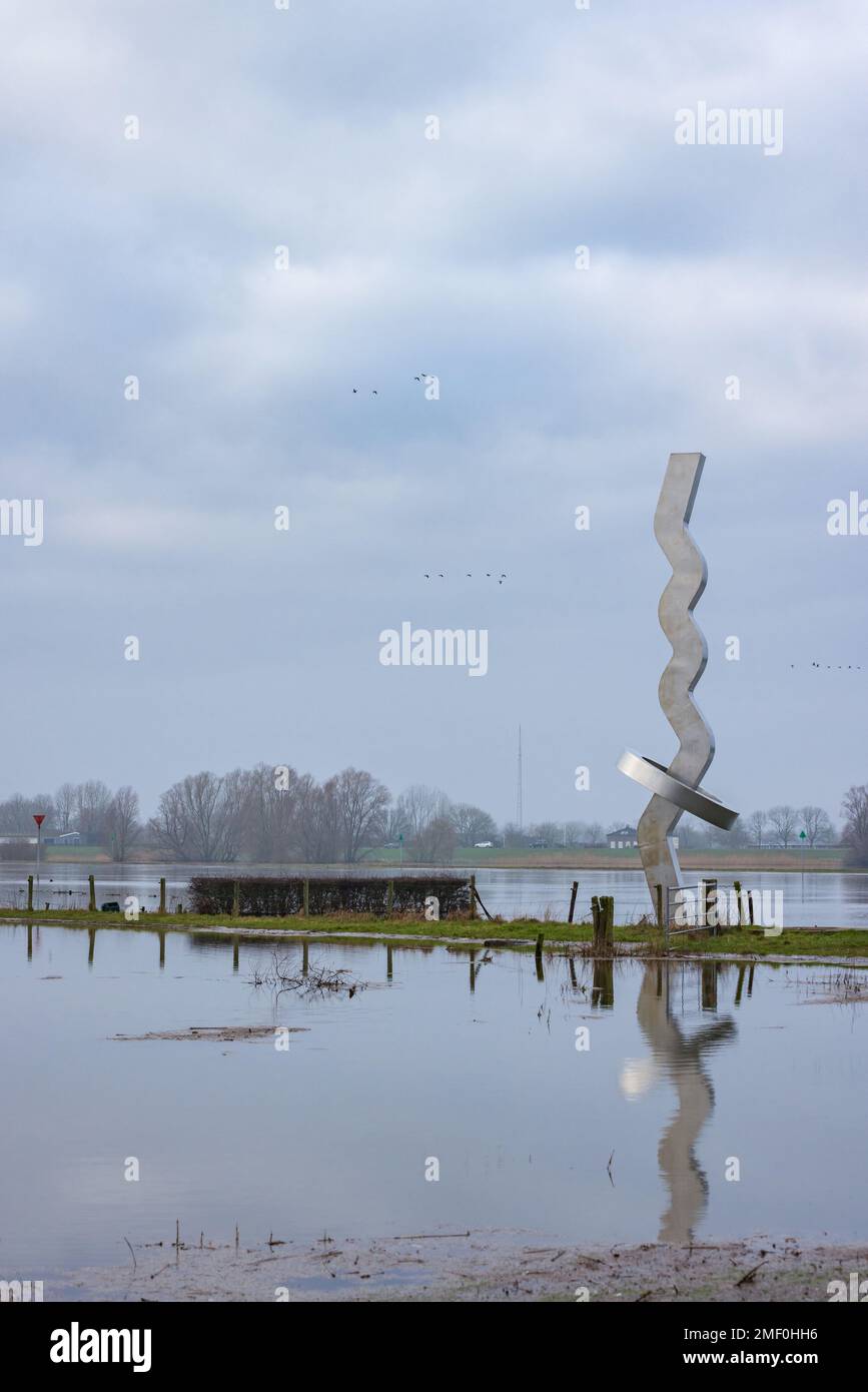 Olst Wijhe, The Netherlands - January 21, 2023: Flooded area near ferry ...