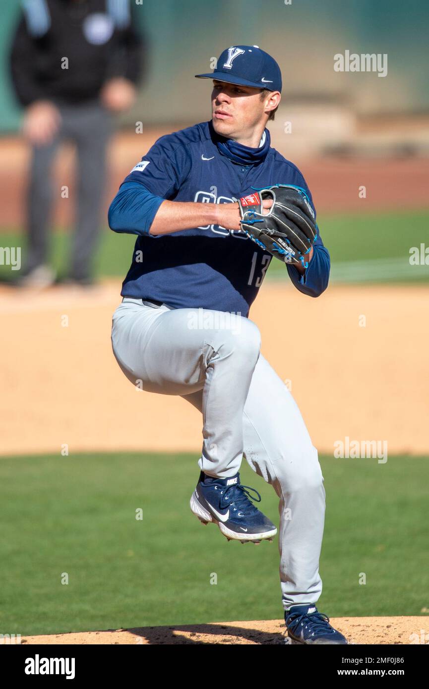 Brigham Young University Cy Nielson (13) pitches during an NCAA ...