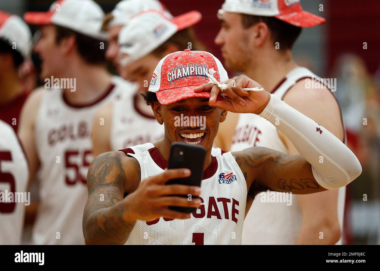 Colgate's Jordan Burns (1) celebrates after Colgate beat Loyola (Md ...