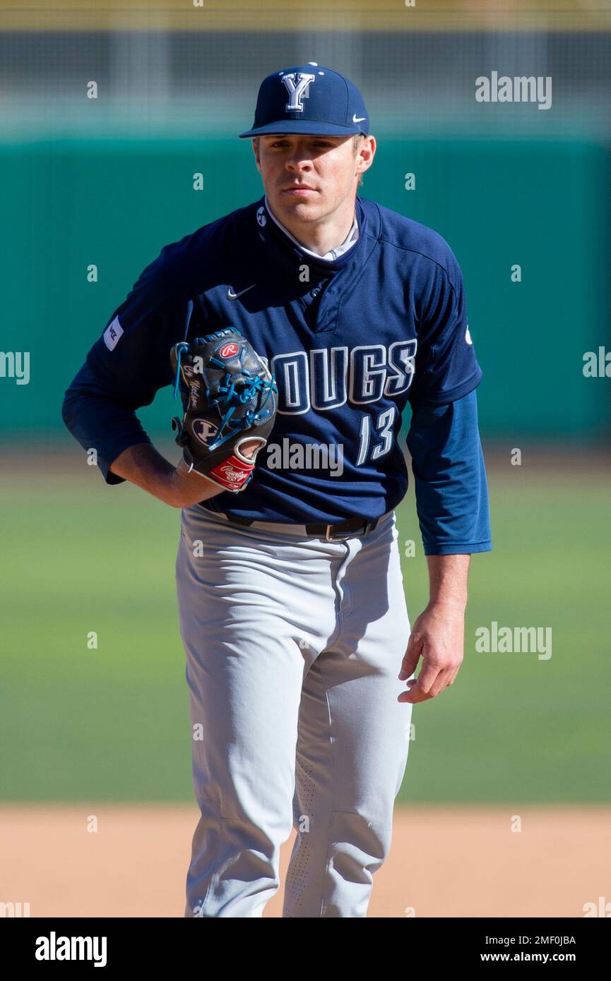 Brigham Young University Cy Nielson (13) prepares to pitch during an ...