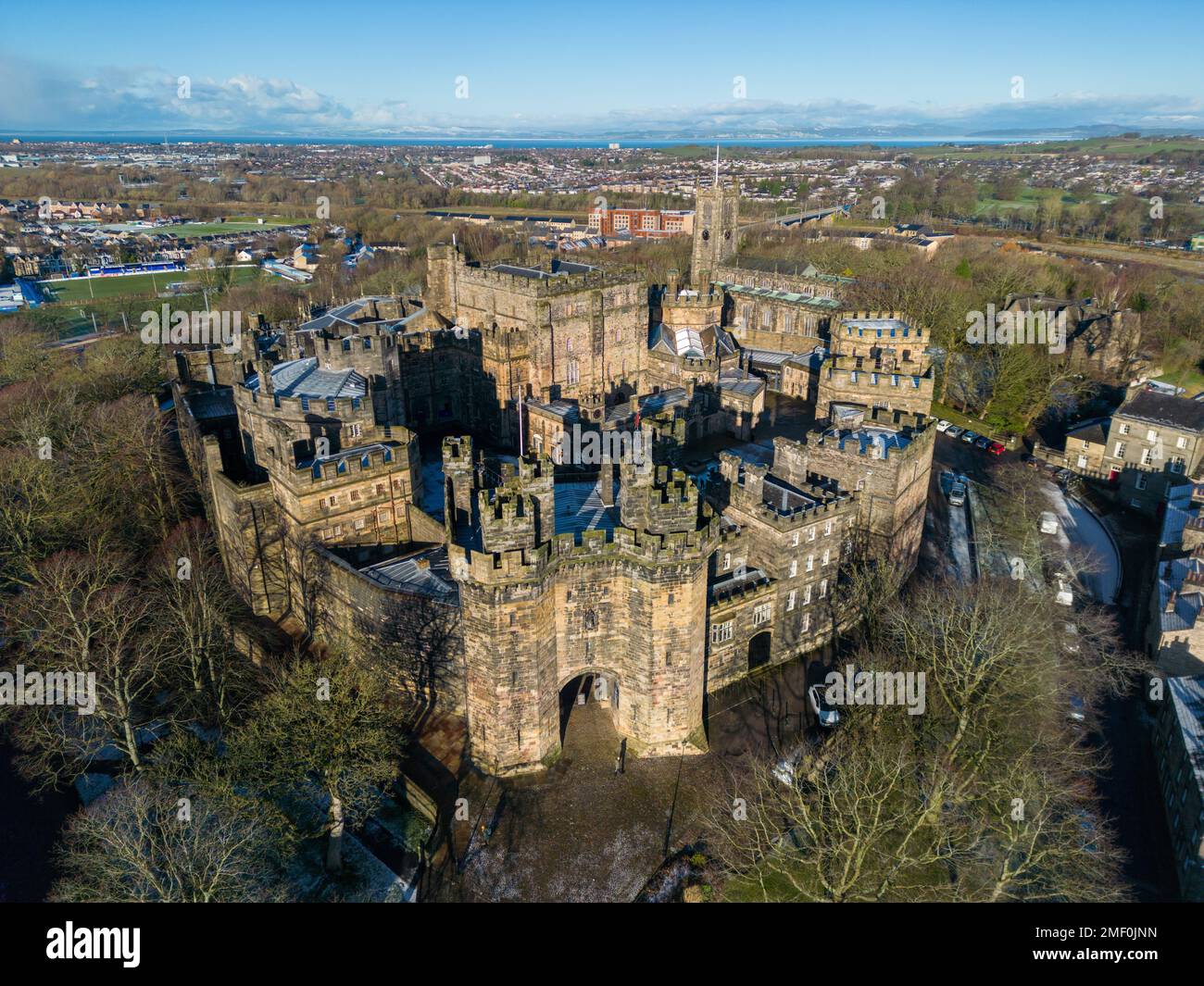 An aerial view of the medieval Lancaster Castle in England, United ...