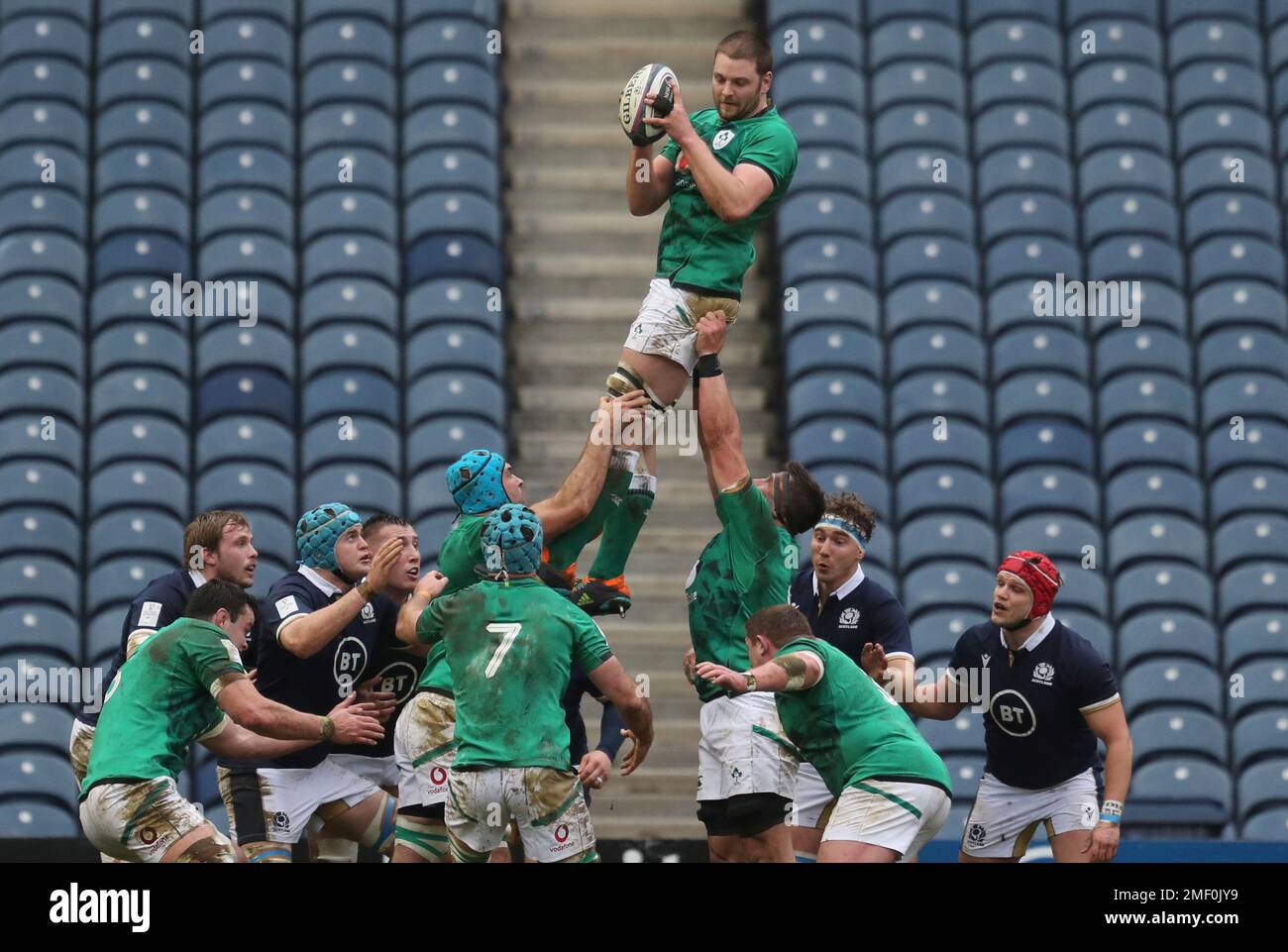 Ireland's Iain Henderson gathers the ball at a line out during the Six ...