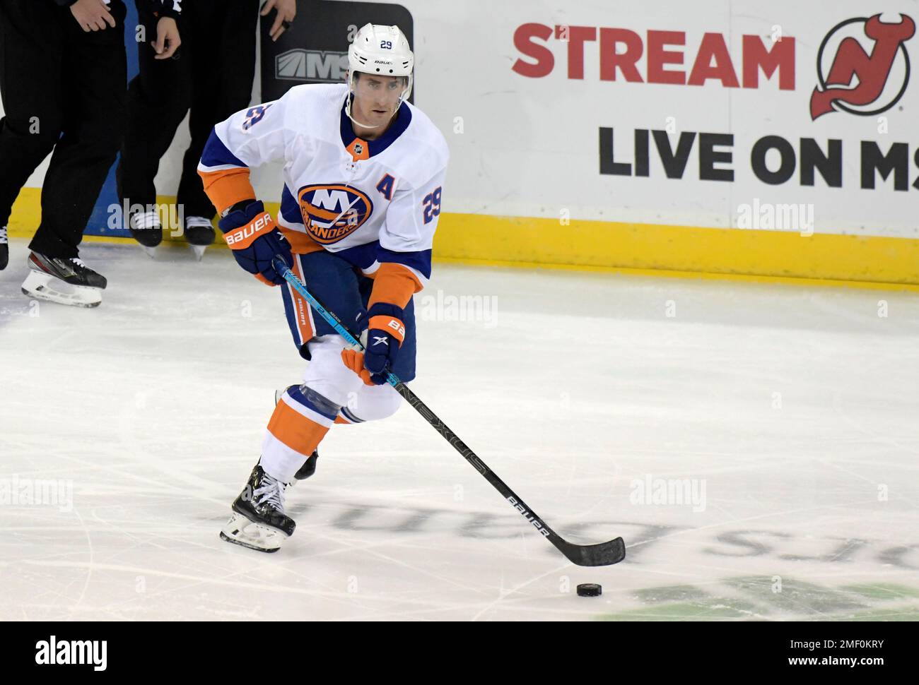 New York Islanders center Brock Nelson (29) skates with the puck during ...