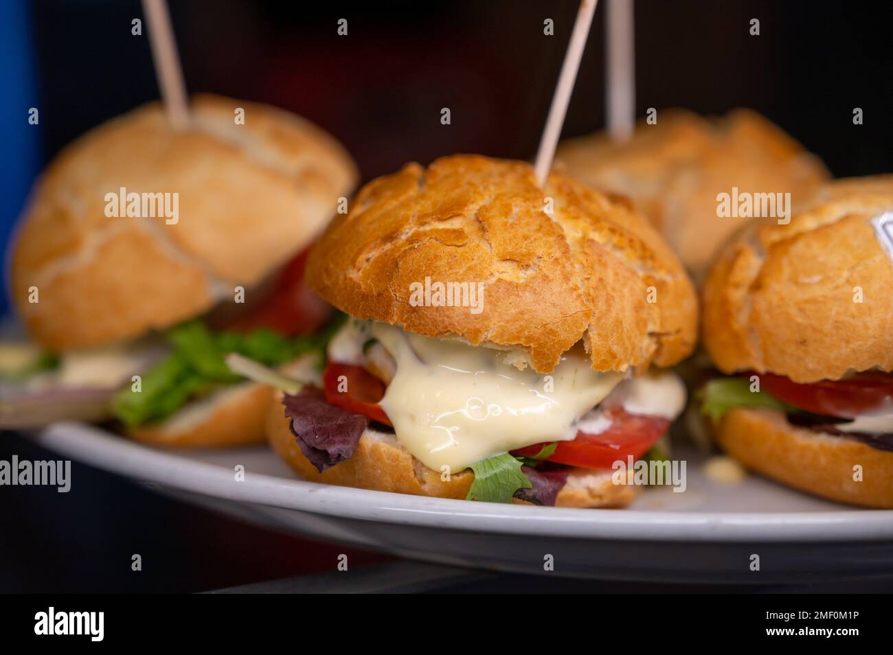 Typical mini burger snack of Basque Country, pinchos or pinxtos, small ...