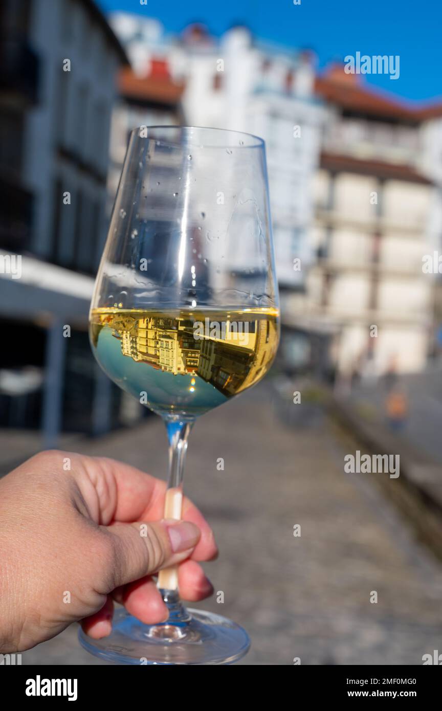 Tasting of txakoli or chacolí slightly sparkling very dry white wine ...
