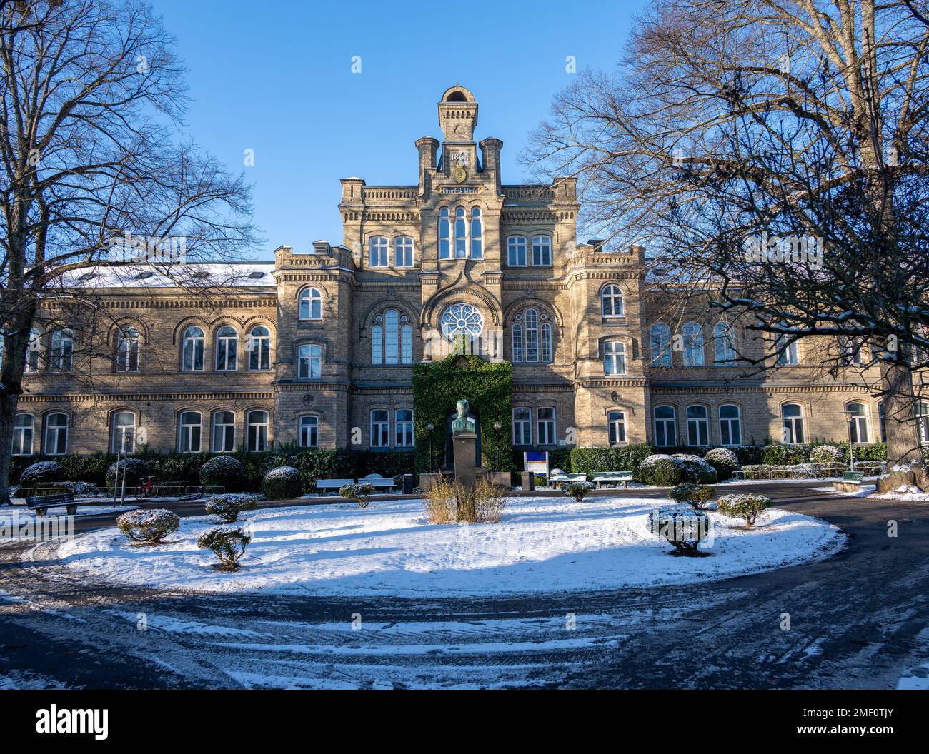The old surgical hospital building in Lund Sweden during winter with ...