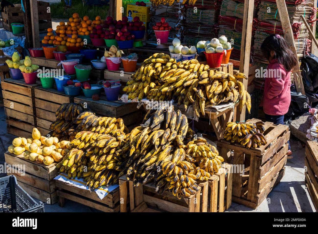 Small market stall selling fruit, vegetables and bananas, Mexico, North ...