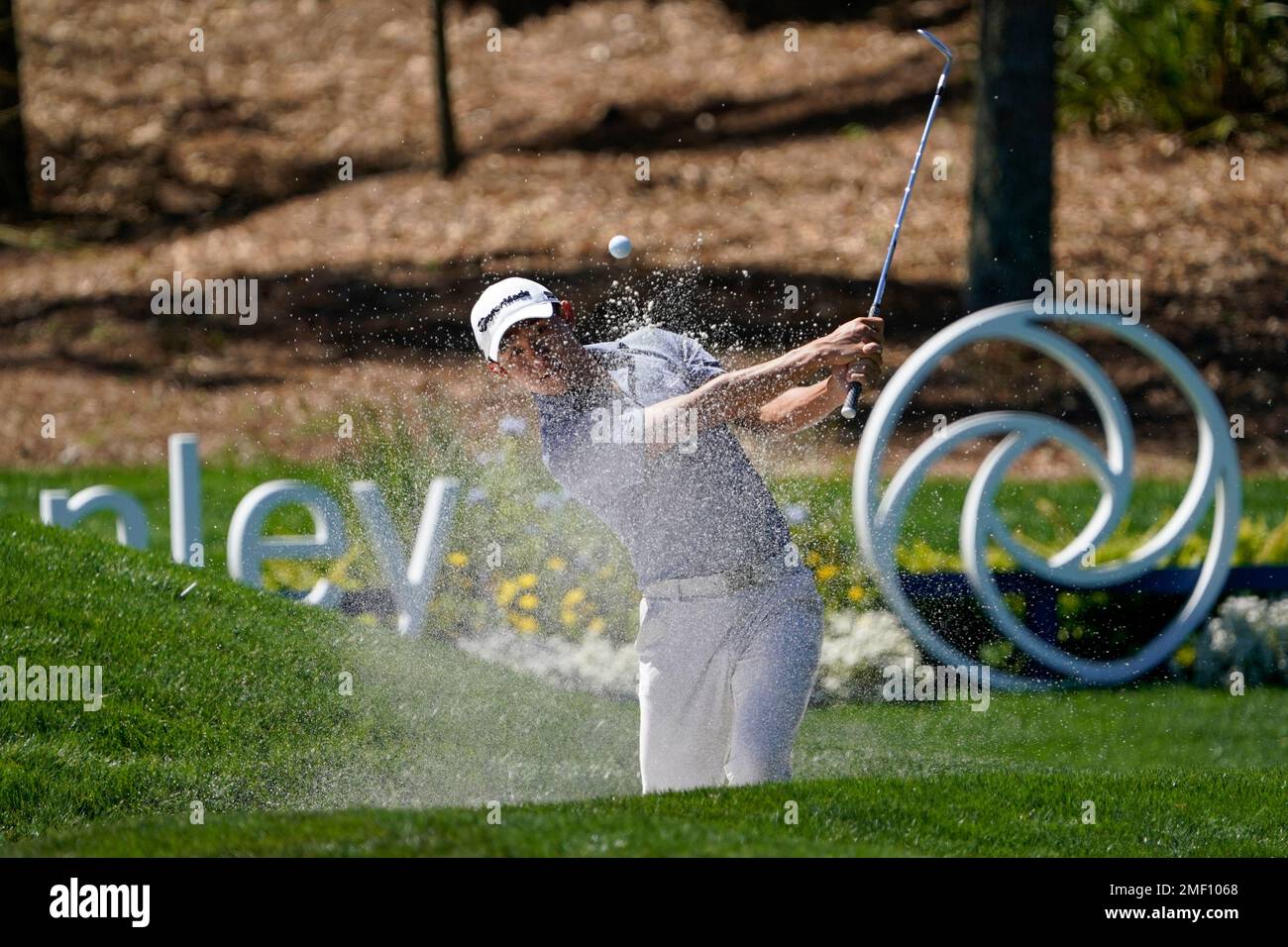 Collin Morikawa hits from the bunker on the eighth hole during the ...