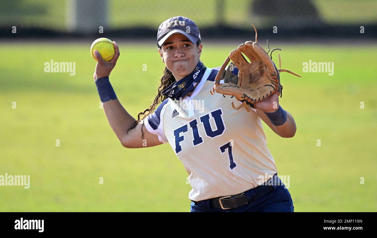 FIU shortstop Jessica Rivera (7) throws to first base during an NCAA ...
