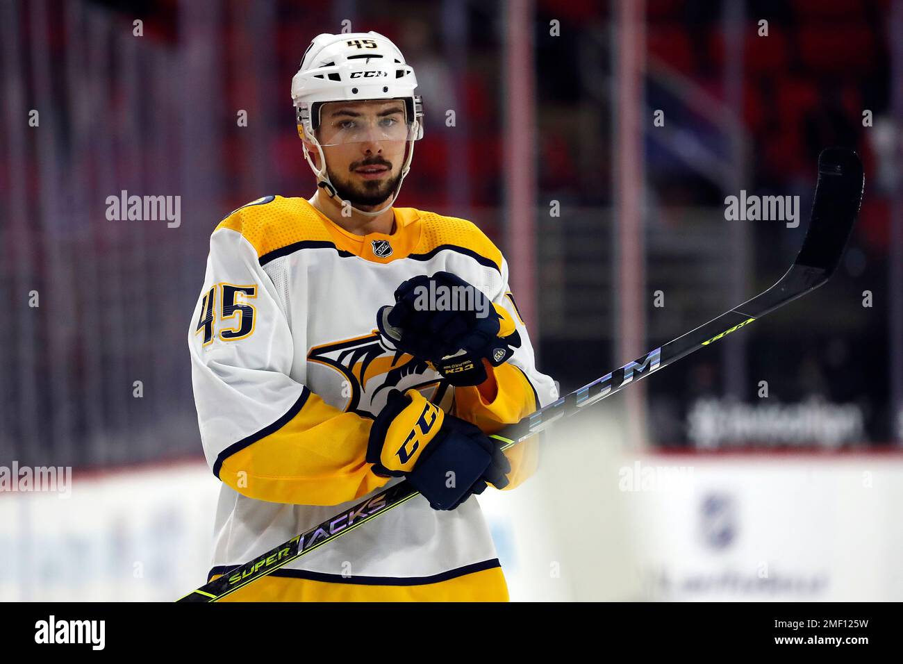 Nashville Predators' Alexandre Carrier (45) waits for a face off ...