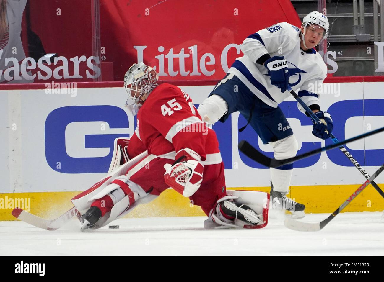 Detroit Red Wings goaltender Jonathan Bernier (45) comes out of the net ...