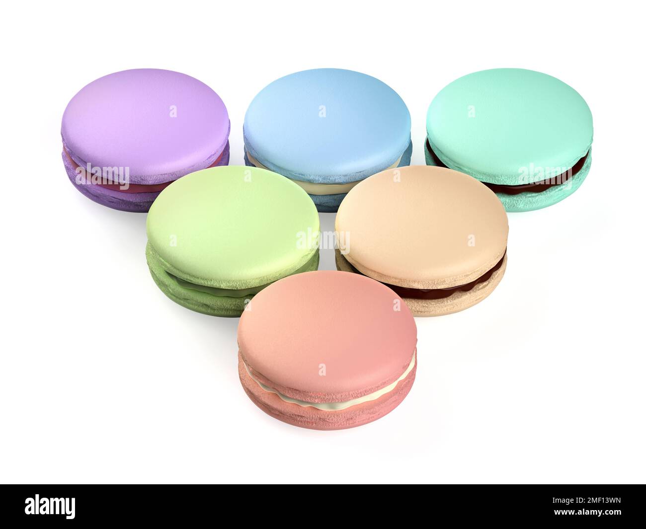 French macarons with different colors and flavors on white background ...