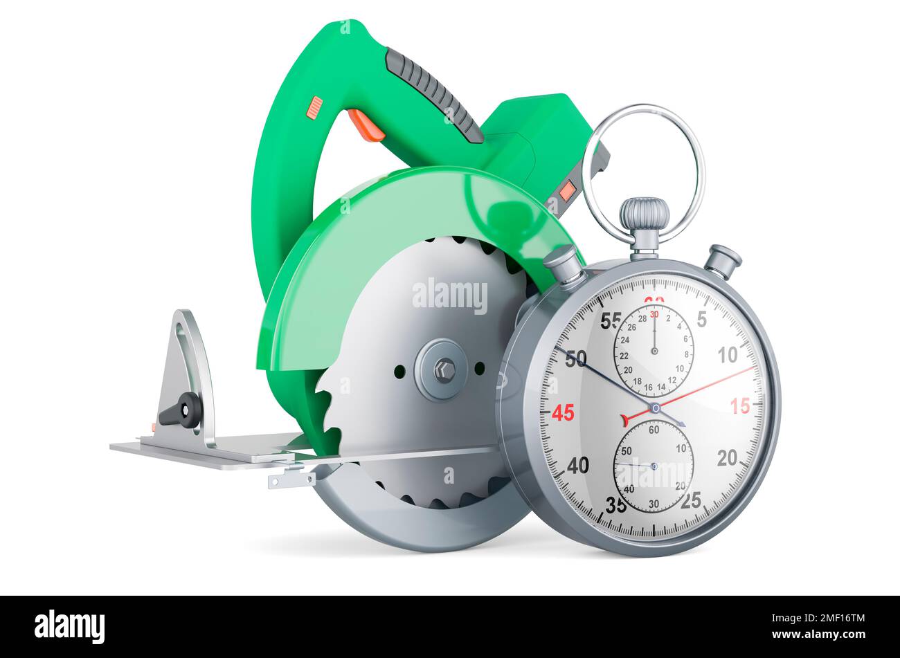 Circular saw with stopwatch. 3D rendering isolated on white background ...