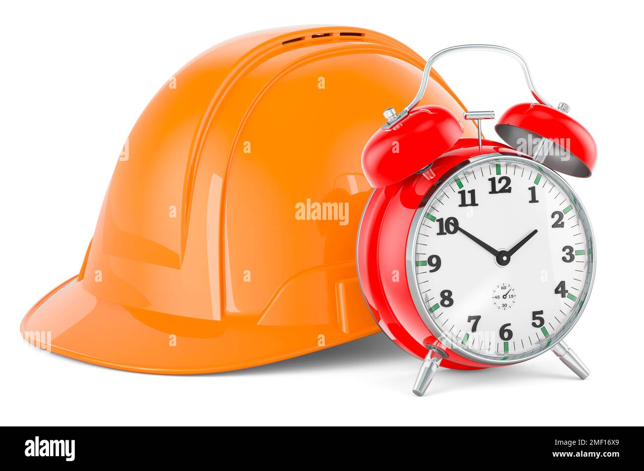 Construction Orange Hard Hat with alarm clock. 3D rendering isolated on ...