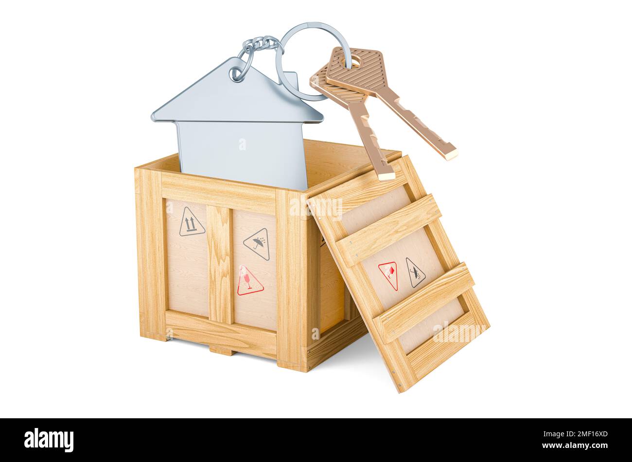 Home key with keychain inside wooden box, delivery concept. 3D ...