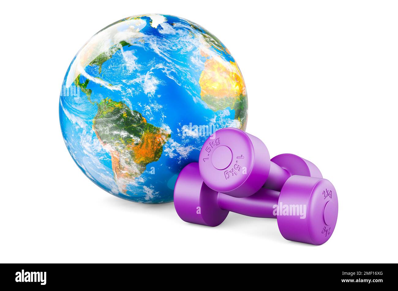 Dumbbells for Strength Training with Earth Globe, 3D rendering isolated ...