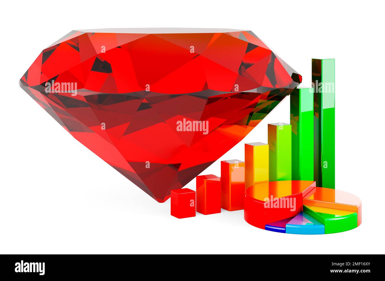 Red gem with growth bar graph and pie chart. 3D rendering isolated on ...