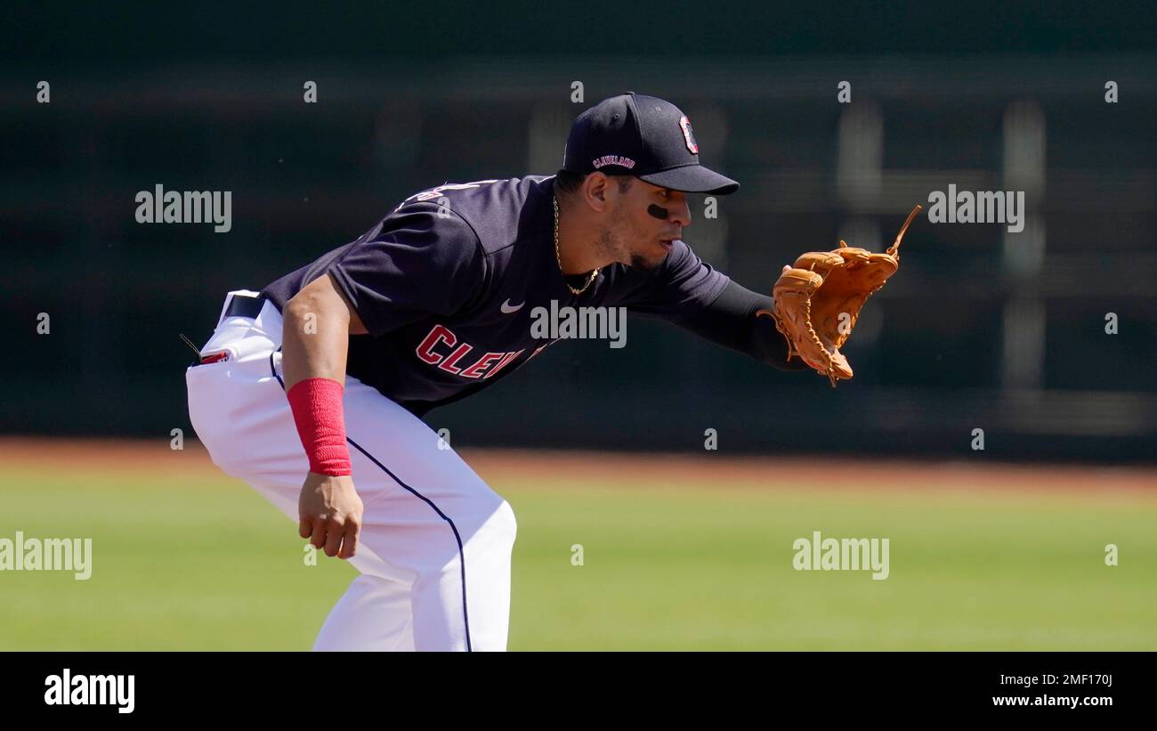 Cleveland Indians second baseman Cesar Hernandez takes a throw down to ...