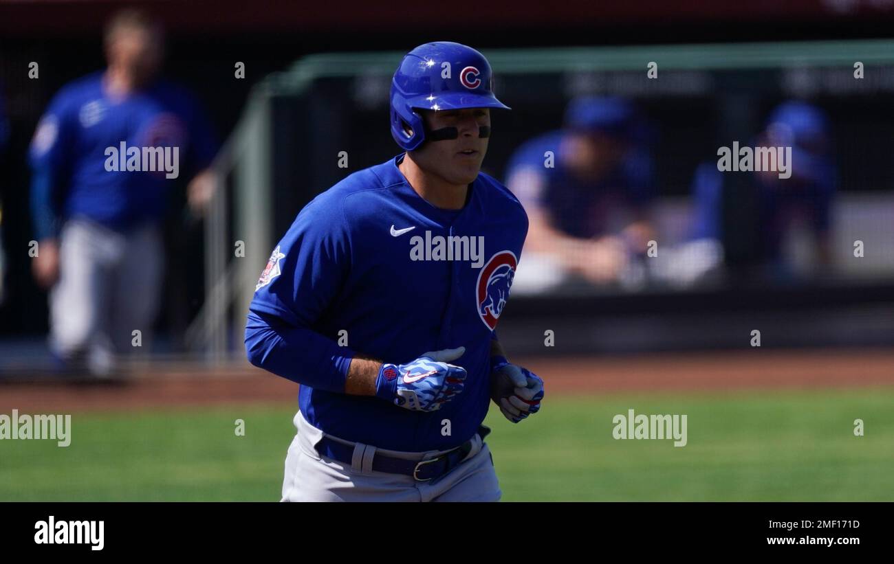 Chicago Cubs' Anthony Rizzo runs to first base during a spring training ...