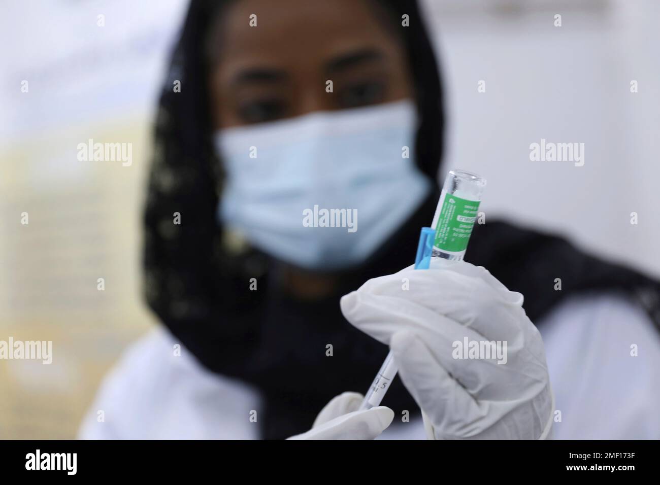 A nurse prepares the AstraZeneca COVID-19 vaccine at Jabra Hospital in ...