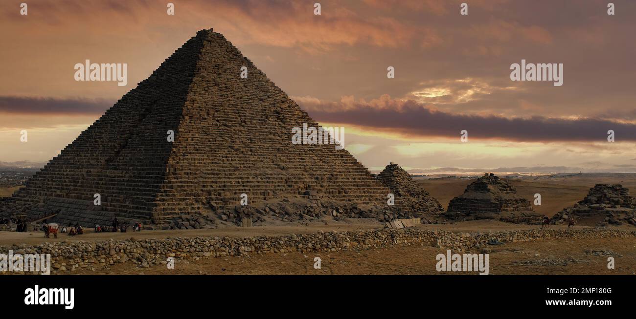 Giza Egypt Pyramids in Sunset Scene, Wonders of the World Stock Photo ...