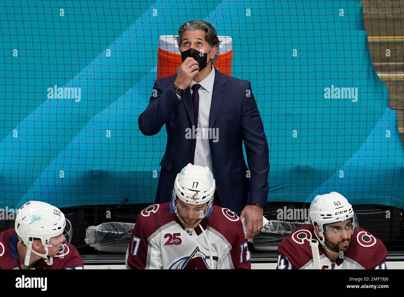 Colorado Avalanche head coach Jared Bednar watches against the San Jose ...