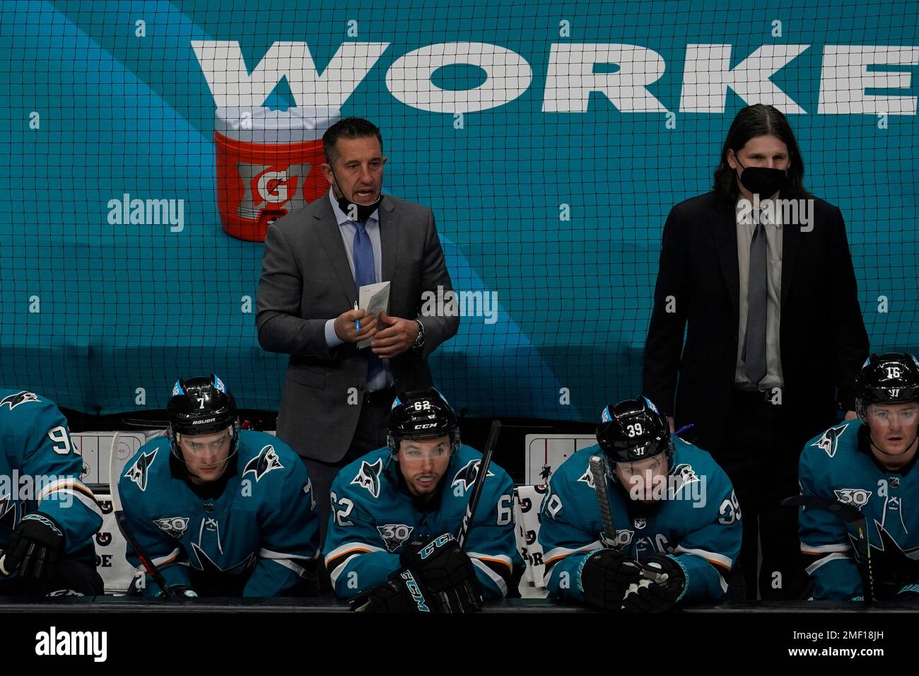San Jose Sharks head coach Bob Boughner, top left, and assistant coach ...