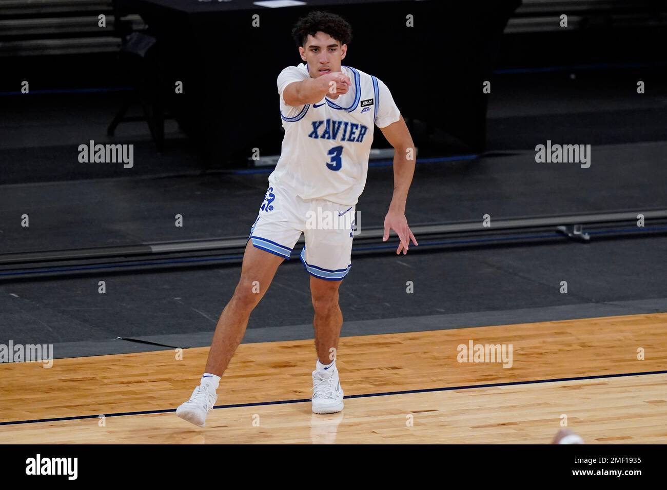 Xavier's Colby Jones (3) gestures after making a 3-point basket during ...