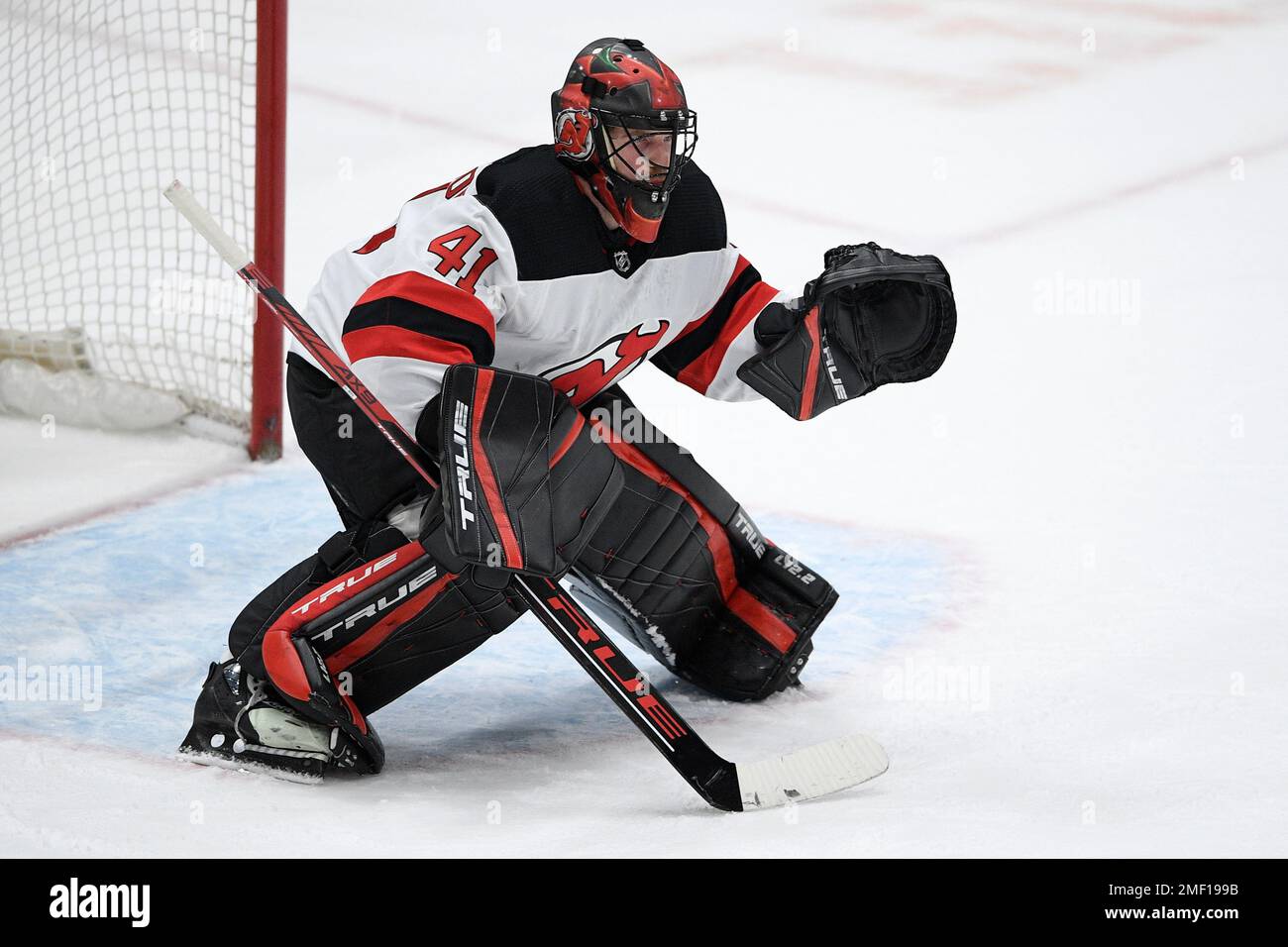 New Jersey Devils goaltender Scott Wedgewood (41) in action during the ...