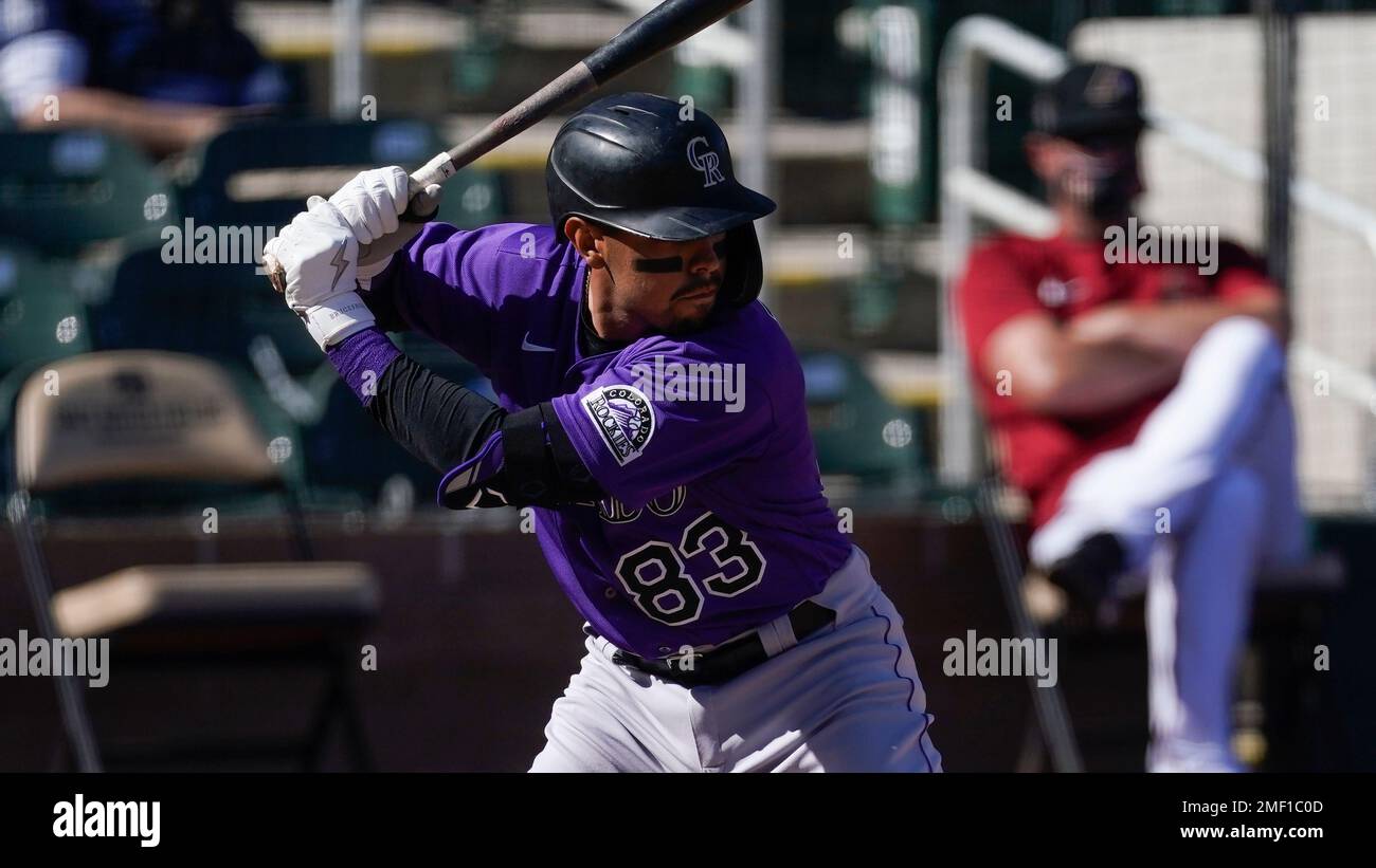 Colorado Rockies' Alan Trejo (83) bats during a spring training ...