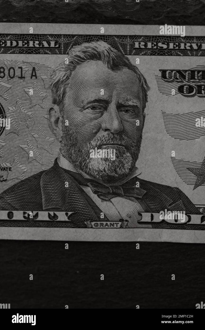 Selective focus on detail of 50 dollars banknote. Close up macro detail ...