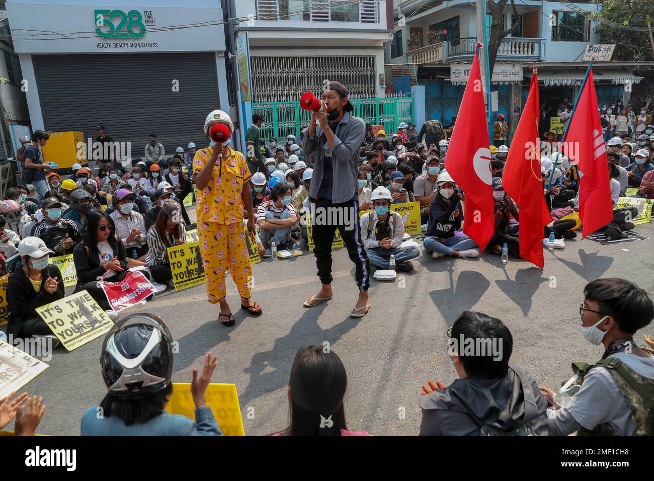 Anti-coup protesters hold a demonstration in Mandalay, Myanmar ...