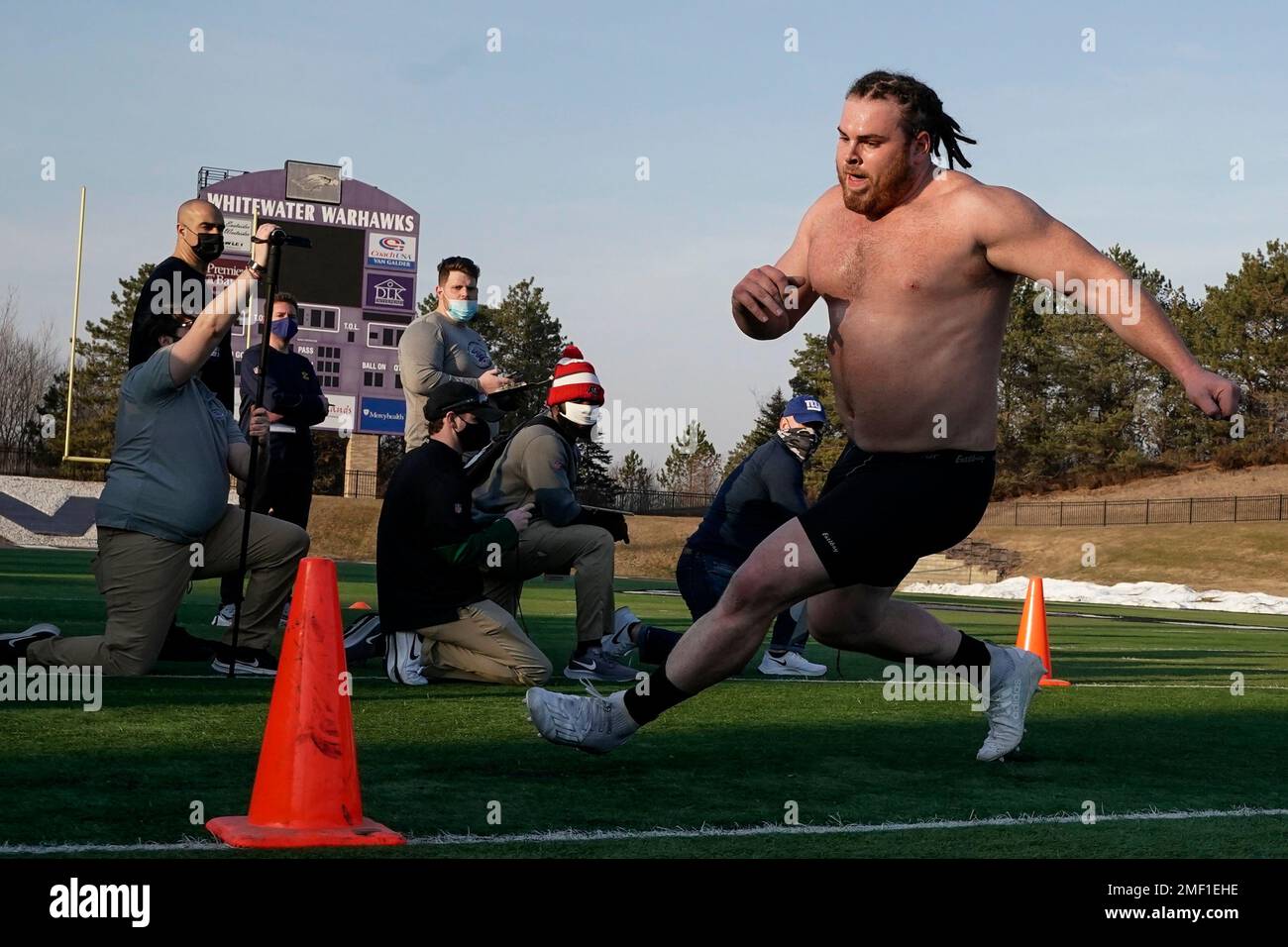 UW Whitewater lineman Quinn Meinerz runs at the school's pro football ...