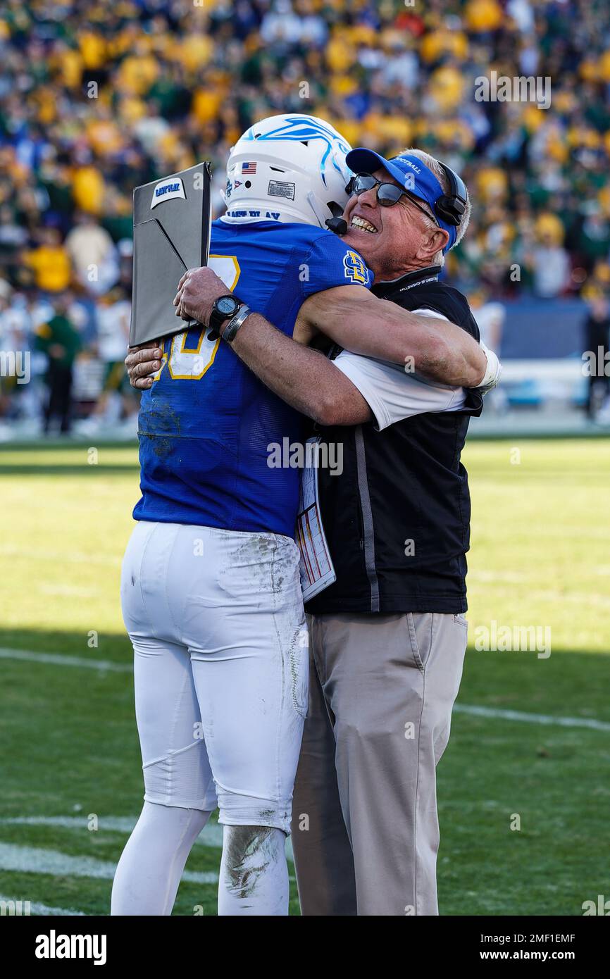 South Dakota State Jackrabbits wide receiver Jaxon Janke (10) give head ...
