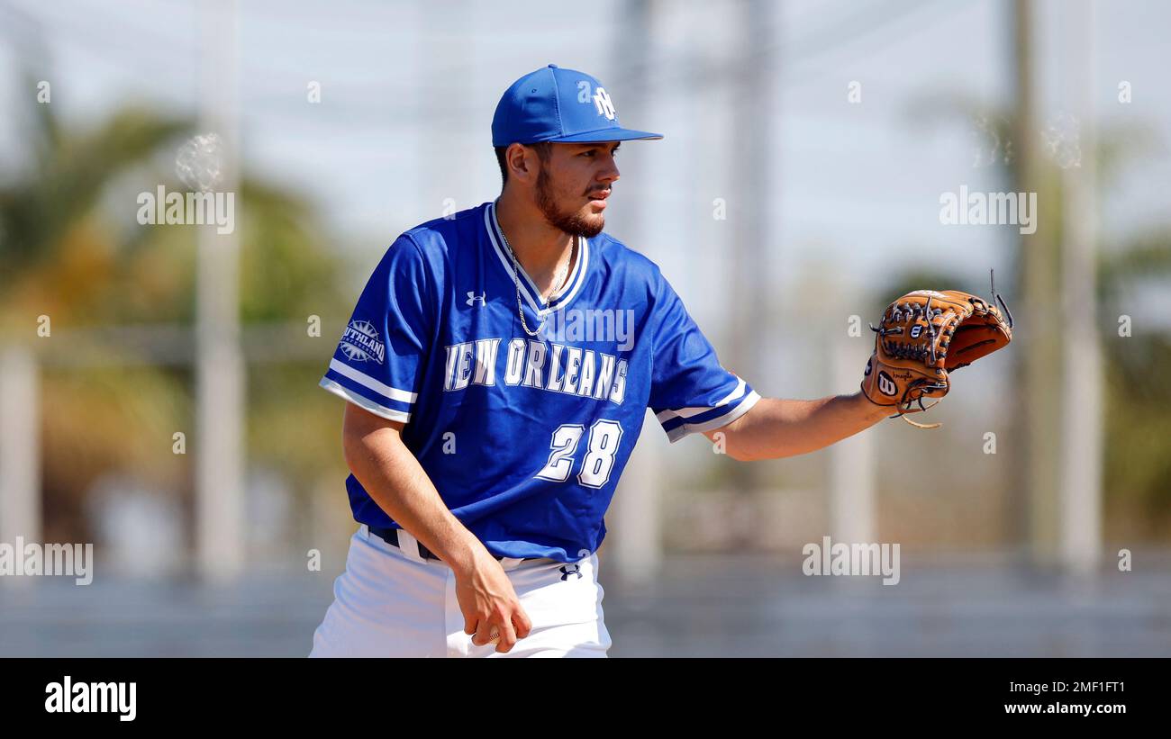 New Orleans pitcher Rudy Amaya (28) throws during an NCAA baseball game ...